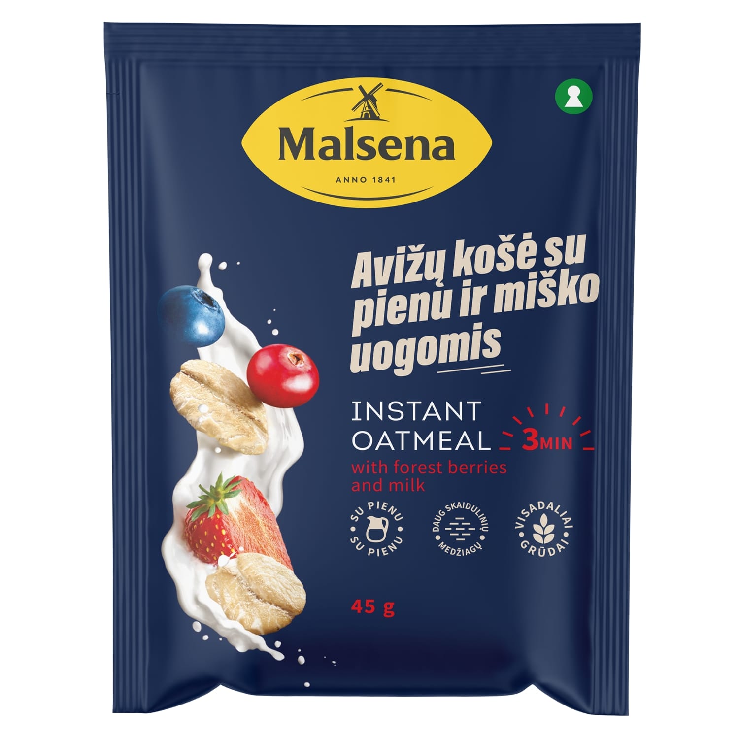 Avižinė košė su pienu ir uogom. MALSENA, 45 g