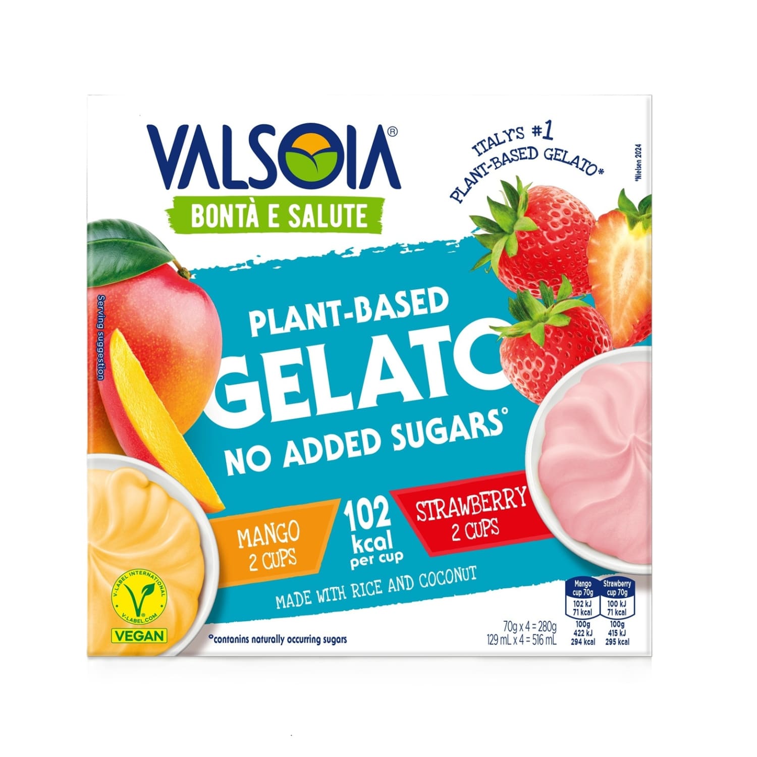 Augal. mangų ir braškių ledai VALSOIA, 280 g